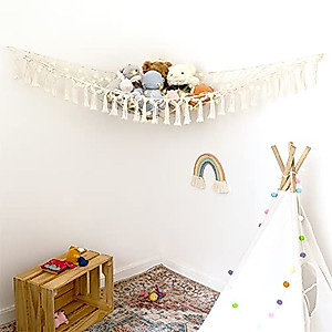 Mkono 2 Style Macrame Stuffed Animal Hammock Toy Storage Organizer with Lights and Tassels Boho Stuff Animals NetLarge Capability Corner Toys Display Hammock for Nursery Playroom