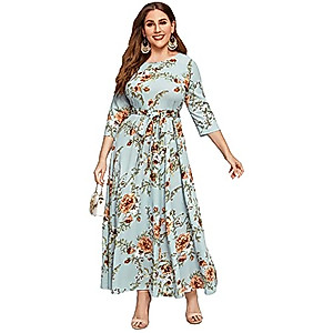 WDIRARA Women's Plus Size Floral Print Round Neck Belted A Line Flared Dress Mint Green 1XL