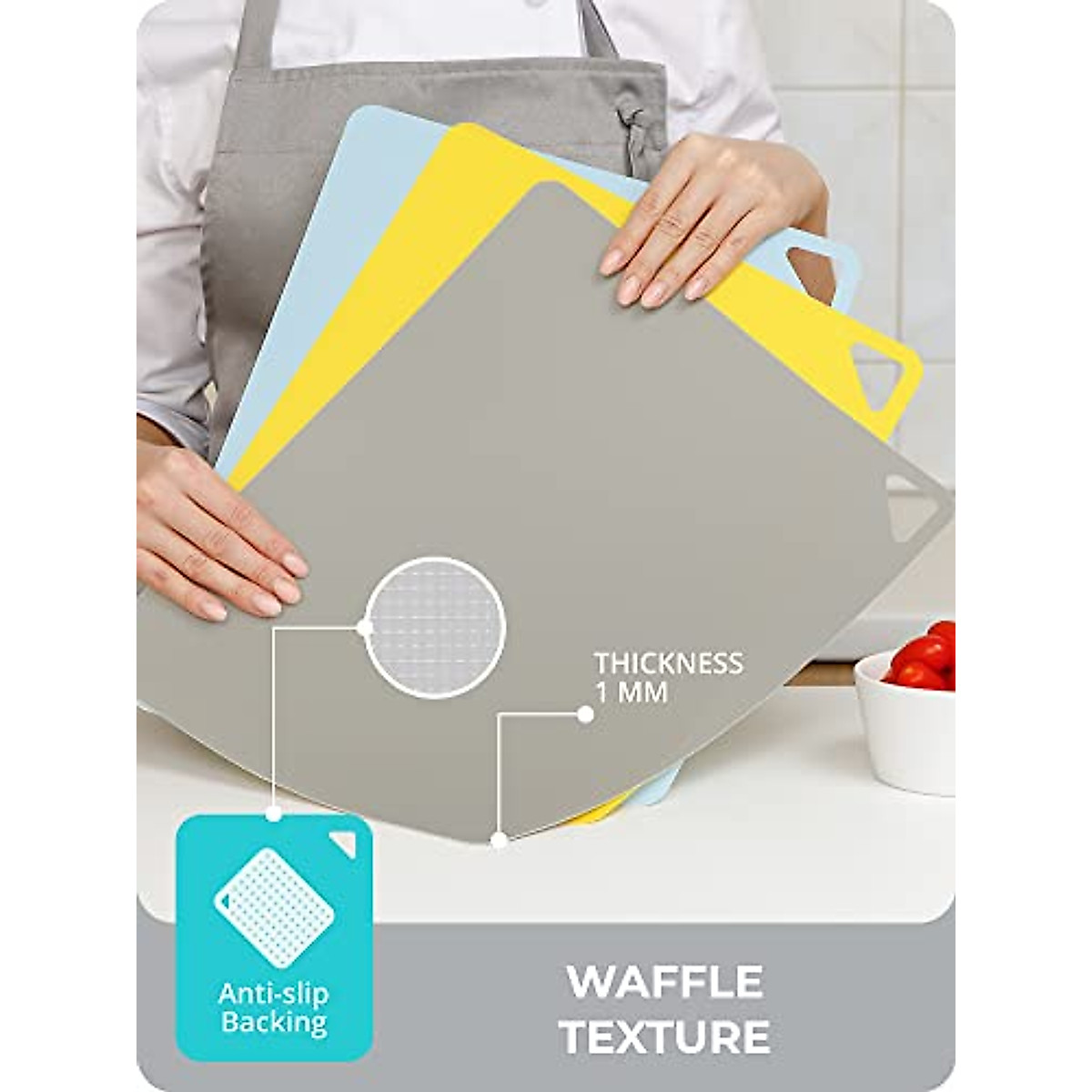 VOMAN Flexible Cutting Boards for Kitchen | Set of 3 | BPA-Free Cutting Mats for Cooking, Color Coded Cutting Board Mats | Non Slip Cutting Sheets | Plastic Cutting Board Set | Chopping Boards