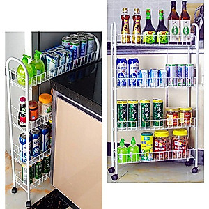 OKOKMALL US--Kitchen Storage Cart Slim Fridge Slide Tower Rack Shelf 4-Tiers with Wheels