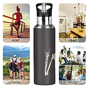 Funny Skull Water Bottle with Straw Lid, Funny Skeleton 20 Oz Stainless Steel Insulated Keeps Hot and Cold Bottle, Leakproof Sports Gym Cycling Outdoor Water Flask Thermos Bottle