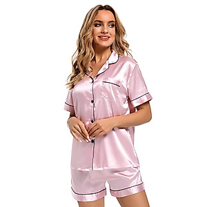Finvizo Womens Silk Satin Pajamas Set: Soft Short Sleeve Two-piece Pjs Silky Button-down Sleepwear Loungewear Shorts Set,Pink S