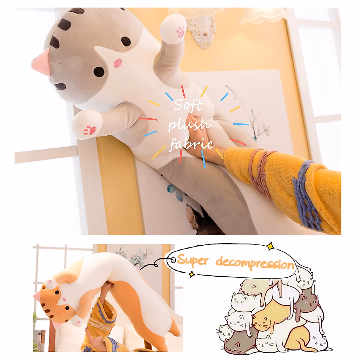 Handytoolinc Soft Cat Plush Pillow Long Stuffed Animals Sleeping Pillow Cotton Kitten Pillow Cute Long Body Pillow Gift for Kids Girlfriend (19.7inch/50cm,Pink)