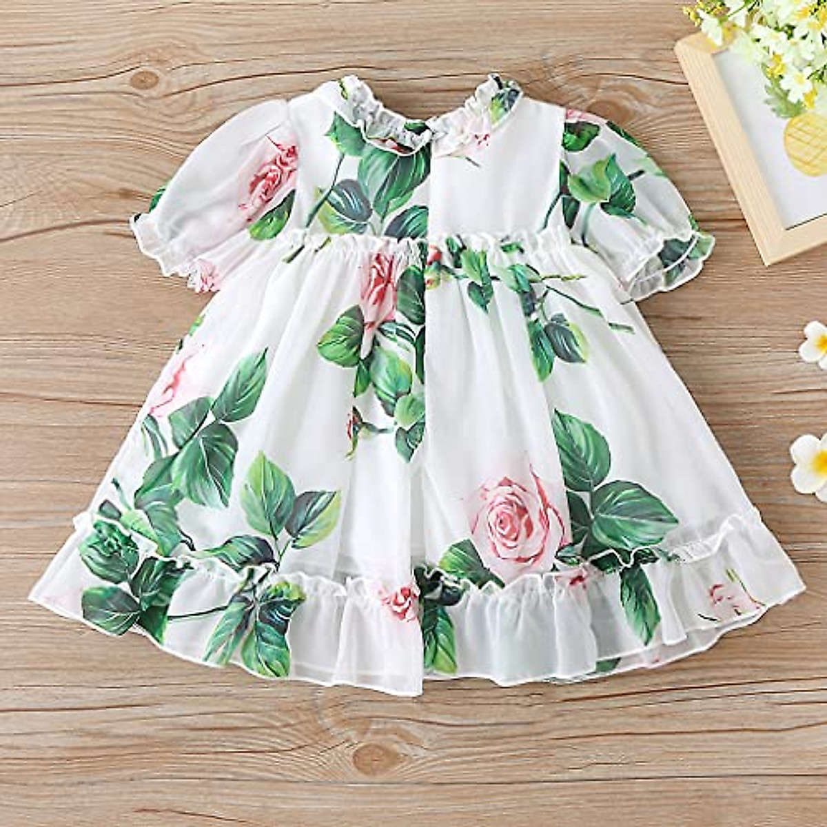 AGQT Infant Baby Girls Flower Print Dress Puff Sleeve Ruffle Floral A-line Birthday Spring Beach Sundress Clothes Outfit White Size 3-6 Months