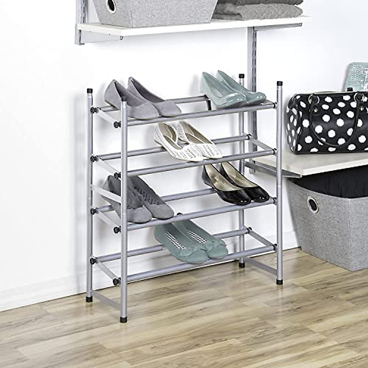 J&V TEXTILES Telescoping Stackable/Expandable Free Standing Shoe Rack, 2-Tier Holds Up To 10-Pair (Silver)