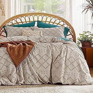 Bedsure Boho Duvet Cover Queen - Boho Bedding, Tufted Queen Duvet Cover for All Seasons, 3 Pieces Embroidery Shabby Chic Home Bedding Duvet Cover Set (Linen, Queen, 90x90)