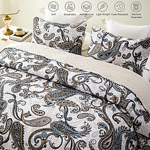Whale Flotilla Reversible Paisley Quilts King Size, Lightweight Boho Printed Bedspreads Coverlets Quilt Bedding Set with 2 Pillow Shams for All Seasons, Bone/Grey