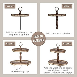 FESTWIND Oval Tiered Tray, Beaded Rustic Tiered Tray, Two Tiered Tray Stand for Kitchen Counter, Farmhouse Decorative Trays for Home Decor Distressed Brown