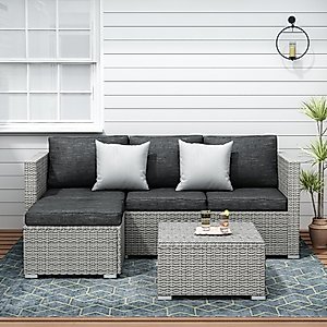Patio Furniture Sectional Sofa Set – 3 Piece All Weather Resin Wicker Outdoor Conversation Set Black Washable Cushions & Coffee Table | Garden | Backyard | Pool | 2 Clips
