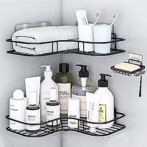 Corner Shower Caddy Shelf with Adhesive Hooks and Soap Dish,No Drilling RustProof Stainless Steel Shower Basket Shelves for Bathroom Storage Organizer