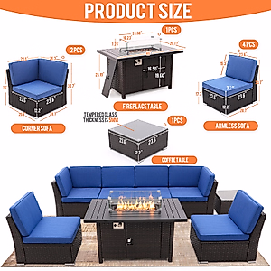 8 Pieces Outdoor Patio Furniture Set with 46" Propane Fire Pit Table, Brown PE Wicker Patio Furniture Sectional Sofa, 55,000 BTU Auto-Ignition Firepit w/Glass Wind Guard