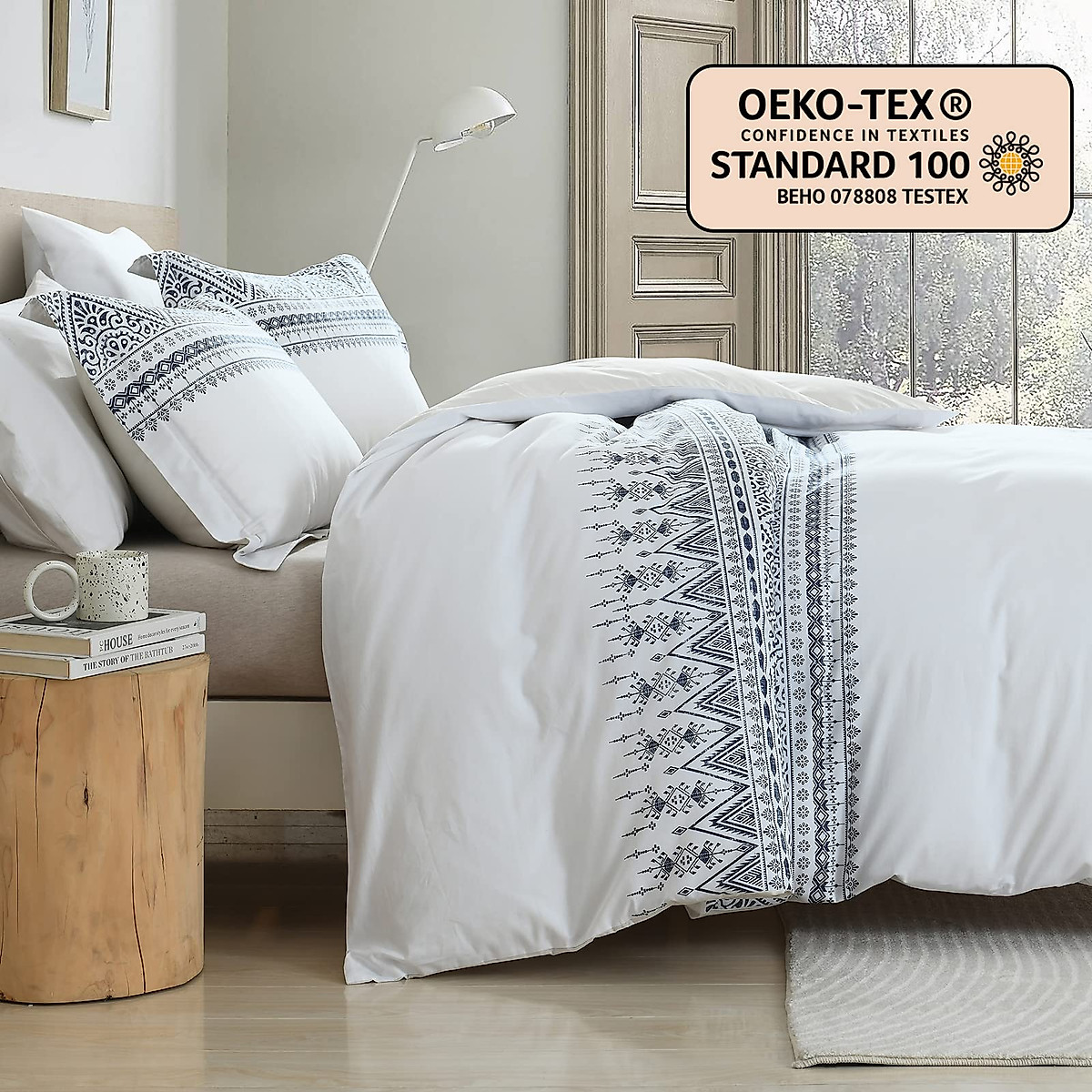 DUOMING Boho Duvet Cover King - 100% Cotton Duvet Cover King Size, White Blue Duvet Cover King with Zipper Closure & 8 Ties, 3 Piece 90x104 Bohemian Duvet Cover Set