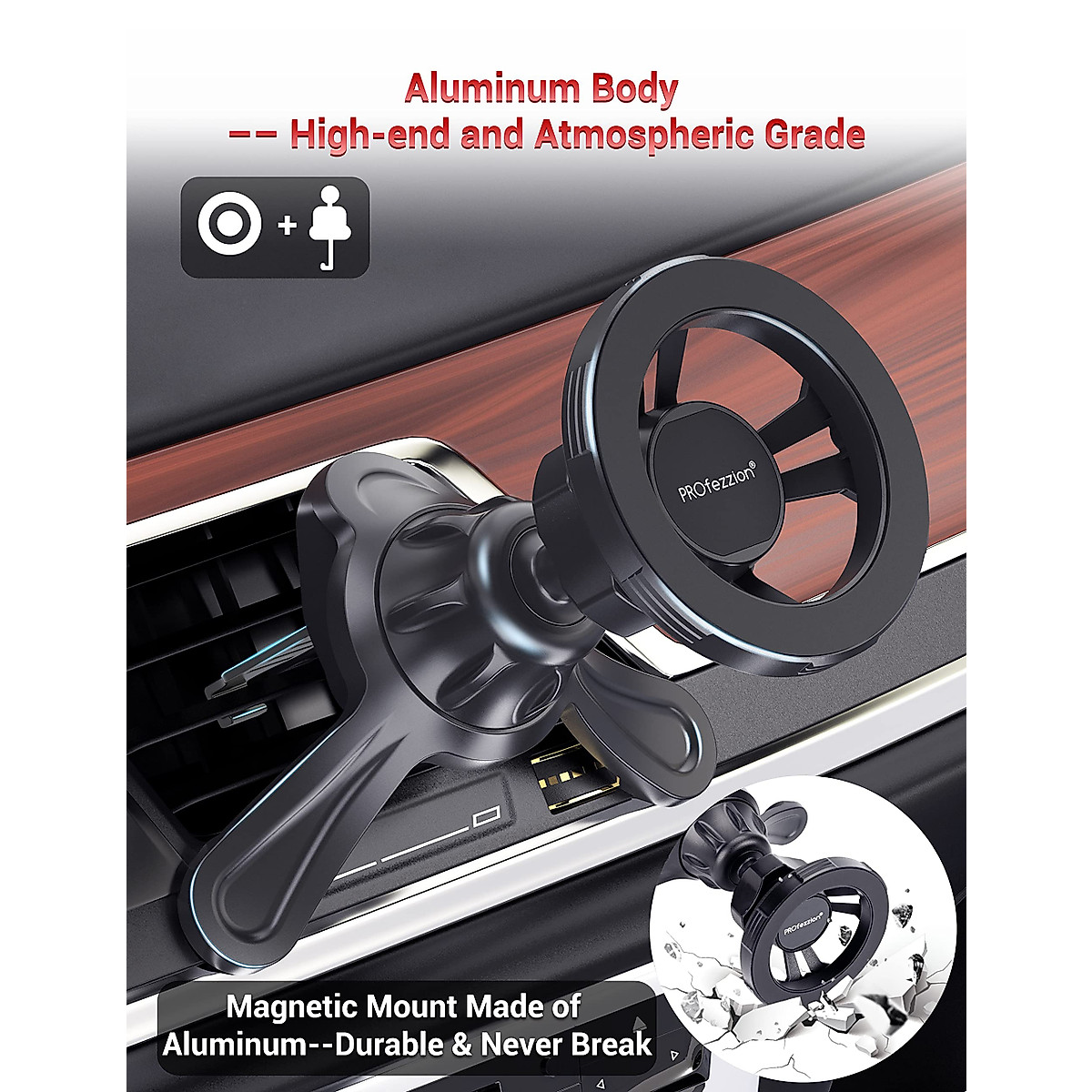 PROfezzion Deluxe Metal Version for MagSafe Car Mount, 2 in 1 Combo Magnetic Phone Holder for Car Vent or Dashboard Compatible with iPhone 15 14 13 12 Pro Max Plus, MagSafe Case & All Phones