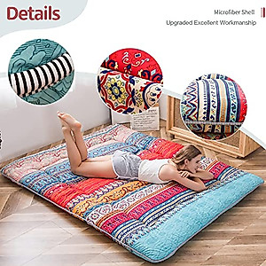 MAXYOYO Bohemian Retro Floor Mattress Vintage Floral Japanese Futon Mattress Roll Up Tatami Floor Mat Foldable Bed Portable Camping Mattress Sleeping Pad Floor Lounger Couch Bed Queen Size