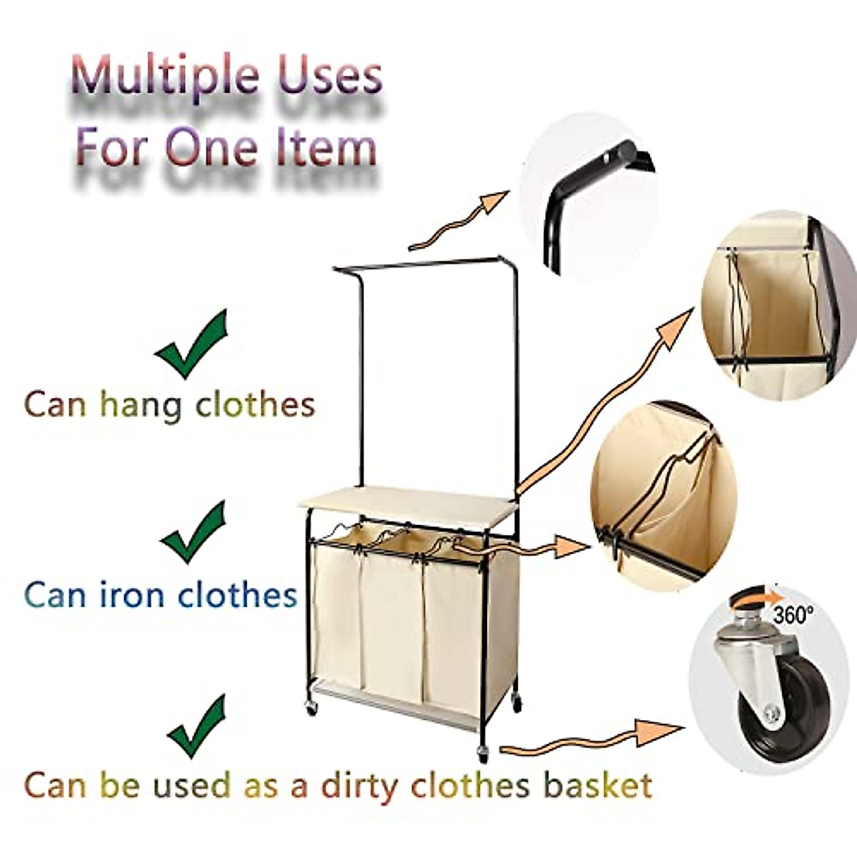 Laundry Sorter Cart with Ironing Board 3-Section Laundry Hamper and Hanging Bar Clothes Rack Heavy-Duty Rolling Laundry Cart with 3 Removable Bags