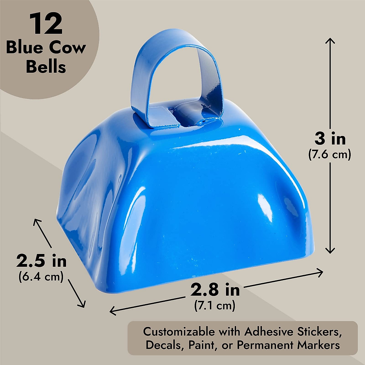 Set of 12 3-inch Cowbells with Handle, Hand Percussion Cow Bells Noise Makers for Sporting Events, Football Games (Blue)