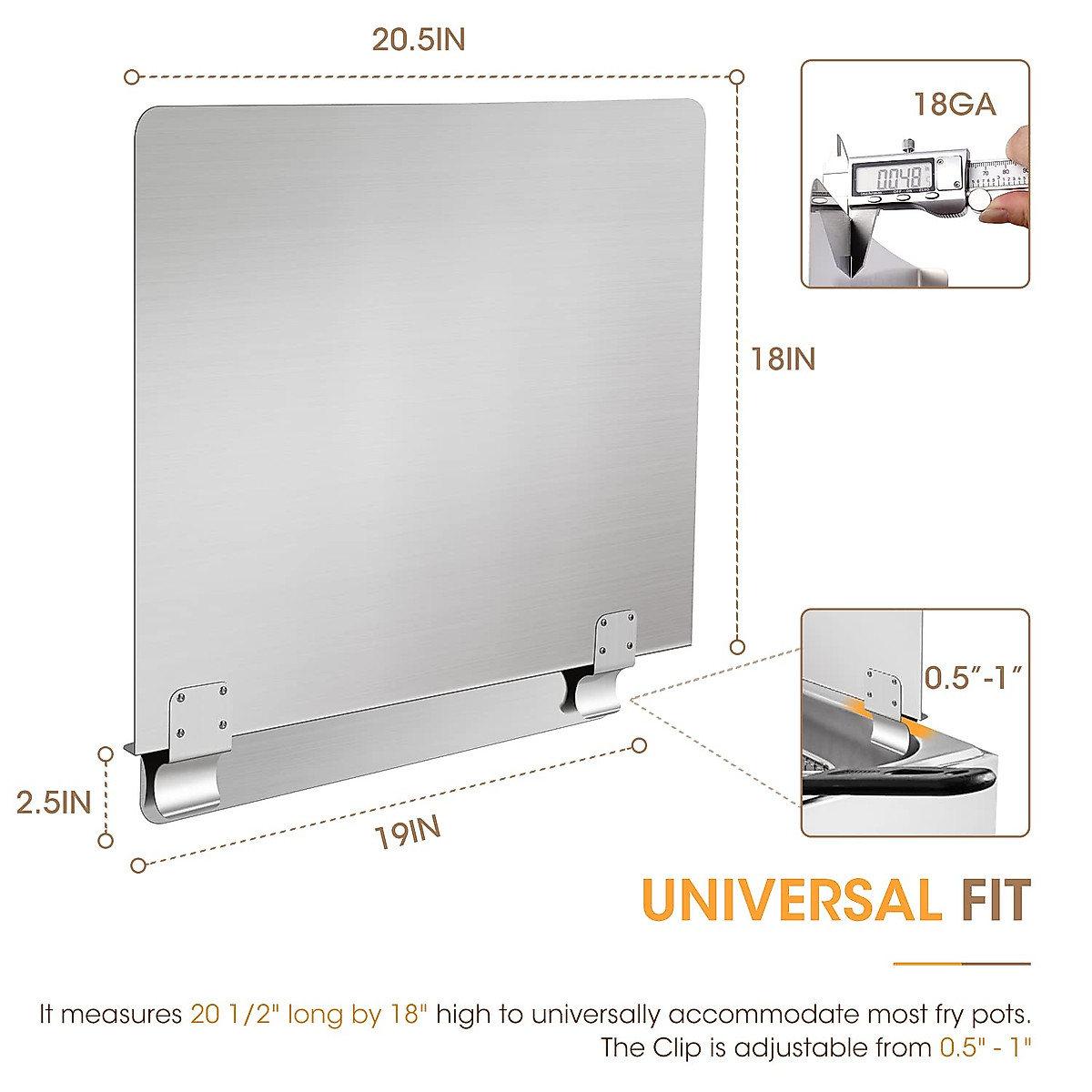 Stainless Steel Commercial Deep Fryer Splash Guard 20-1/2" W X 18" H Side Splash Universal fit clips stop oil from splattering, pack of 2