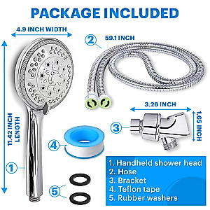 Comfort Express 8 Settings Hand held Shower Head with Hose, High Pressure Shower Head with Adjustable Shower Arm Bracket, Teflon Tap & 59.1in Shower Hose- Durable Showerhead Handheld Polished Chrome