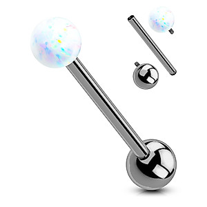 OUFER Titanium Tongue Rings, White Opal Tongue Ring, Internally Threaded Tongue Piercing Jewelry, Straight Tongue Jewelry for Women Men
