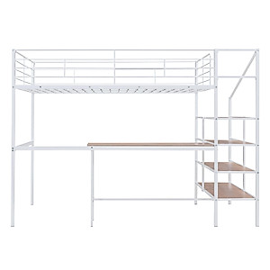 FANYHOME Metal Loft Bed, Full Size Metal Loft Bed with Desk and Lateral Storage Ladder, Modern Loft Bed for Kids Teens, Easy Assembly, Maximize Space Saving (White)