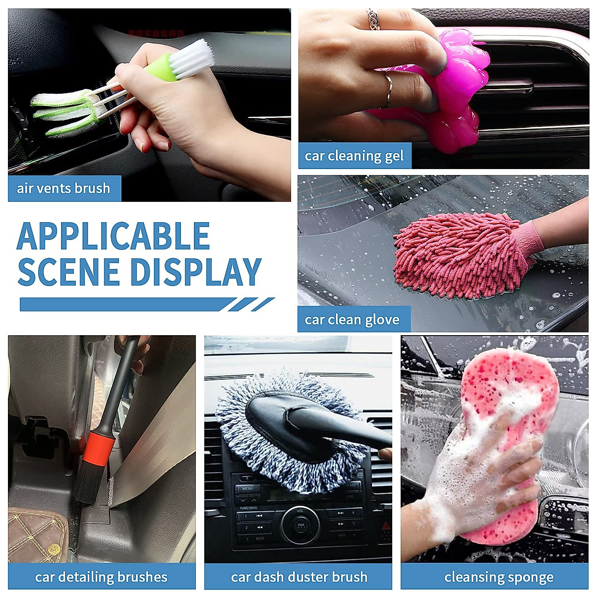 SULAWH Car Interior Detailing Kit, Auto Upholstery & Carpet Cleaner with Car Seat and Windshield Cleaning Tools, Complete Car Wash and Detailing Brushes Set, Essential Car Cleaning Supplies Kit