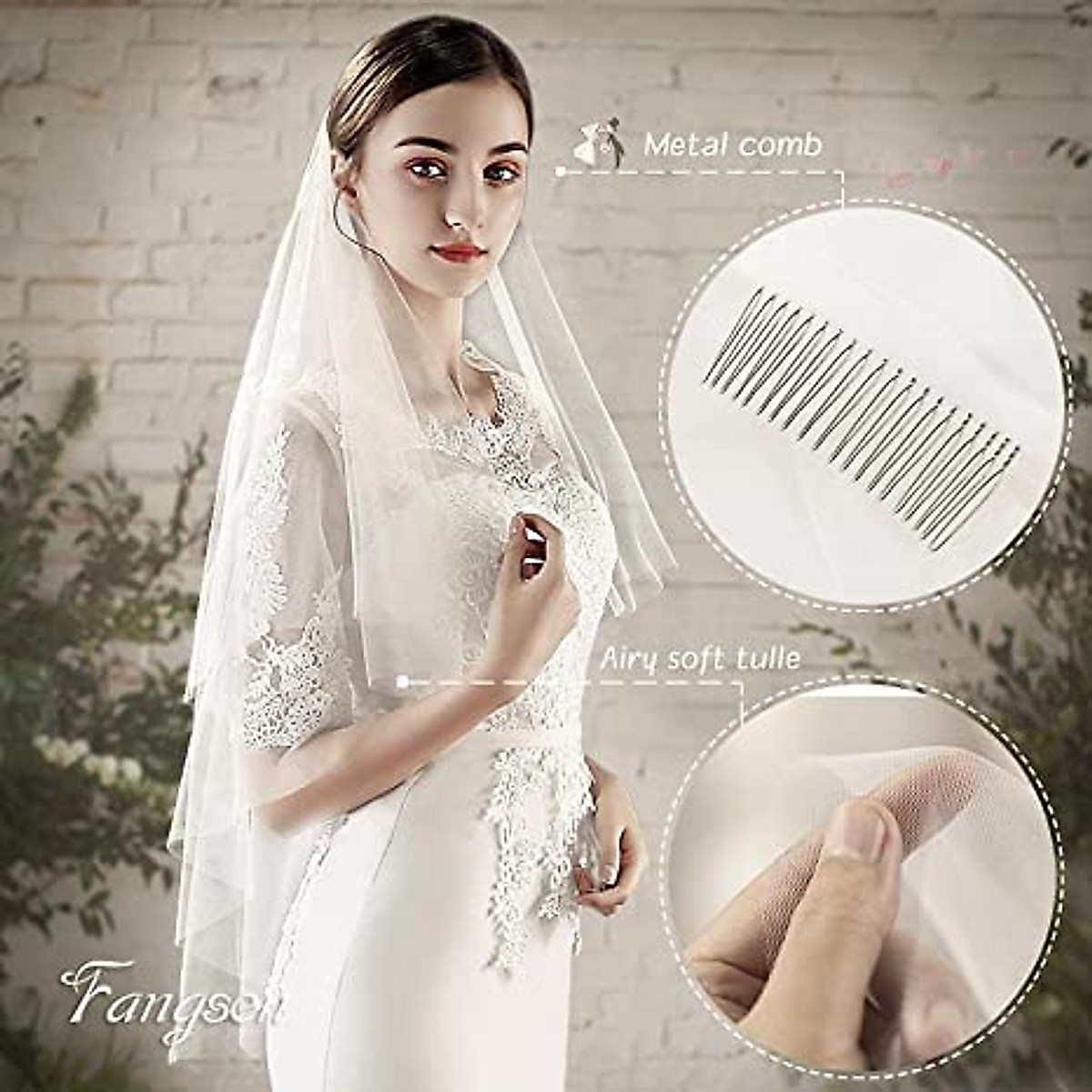 Fangsen Wedding Bridal Veil with Comb 2 Tier Tulle Short Wedding Veil Fingertip Length （ 2T Fingertip Light Ivory）