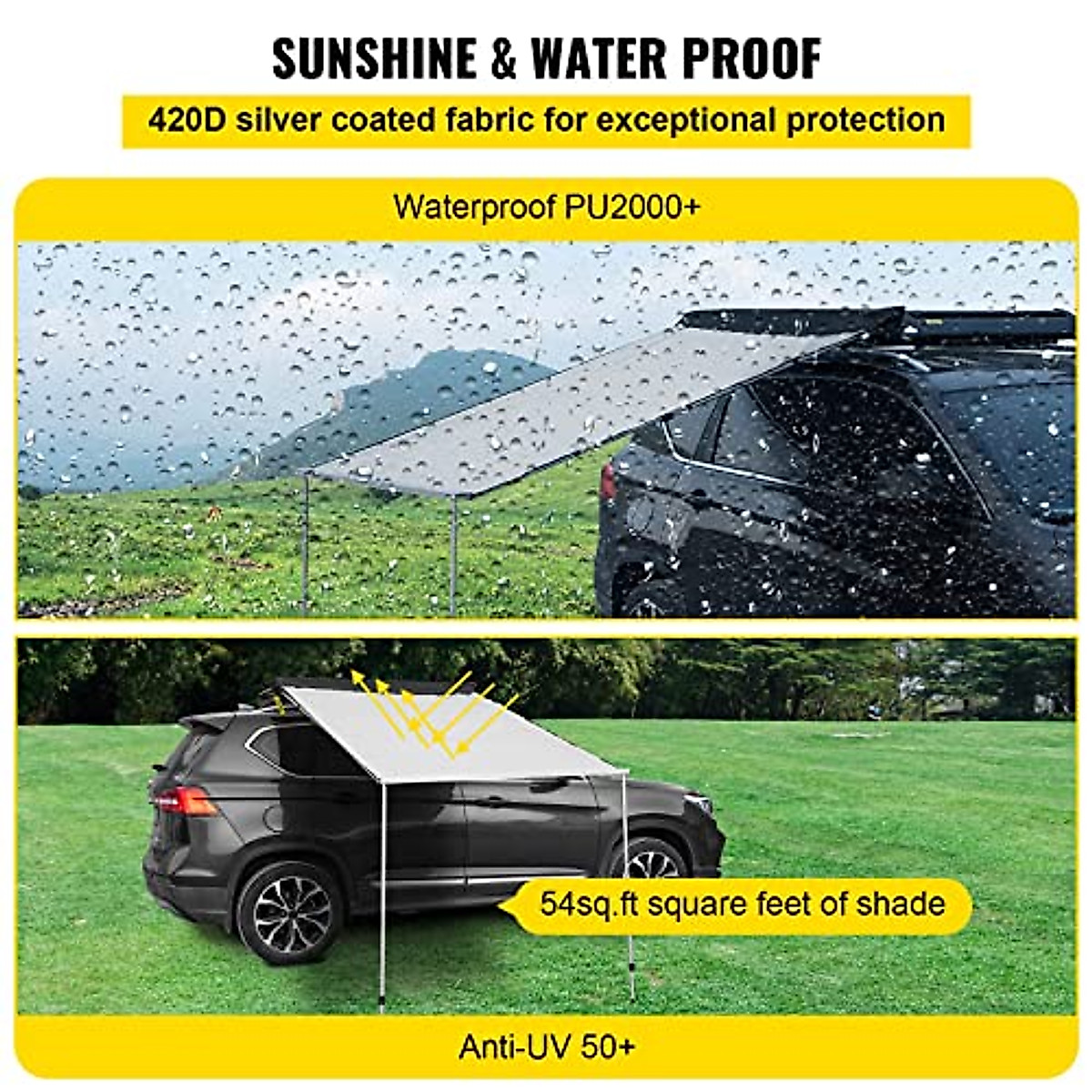 VEVOR Car Side Awning, 6.6'x8.2', Pull-Out Retractable Vehicle Awning Waterproof UV50+, Telescoping Poles Trailer Sunshade Rooftop Tent w/ Carry Bag for Jeep/SUV/Truck/Van Outdoor Camping Travel, Grey