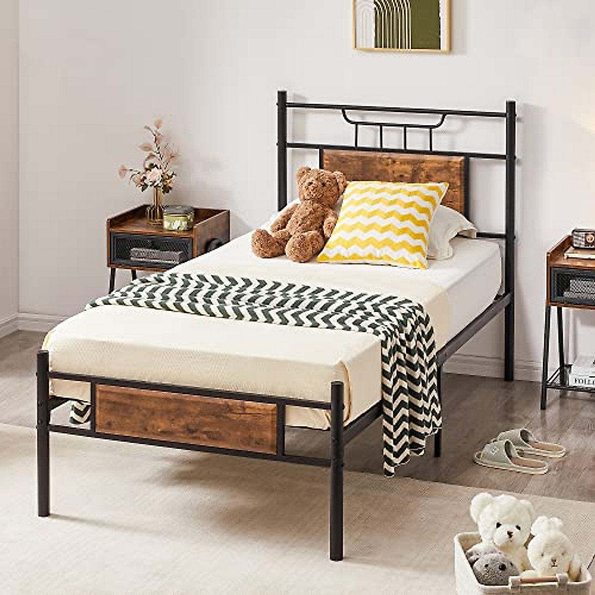 VECELO Twin Size Platform Bed Frame with Wood Headboard/Mattress Foundation/Premium Steel Slats Support/No Box Spring Needed,Brown(Crown)