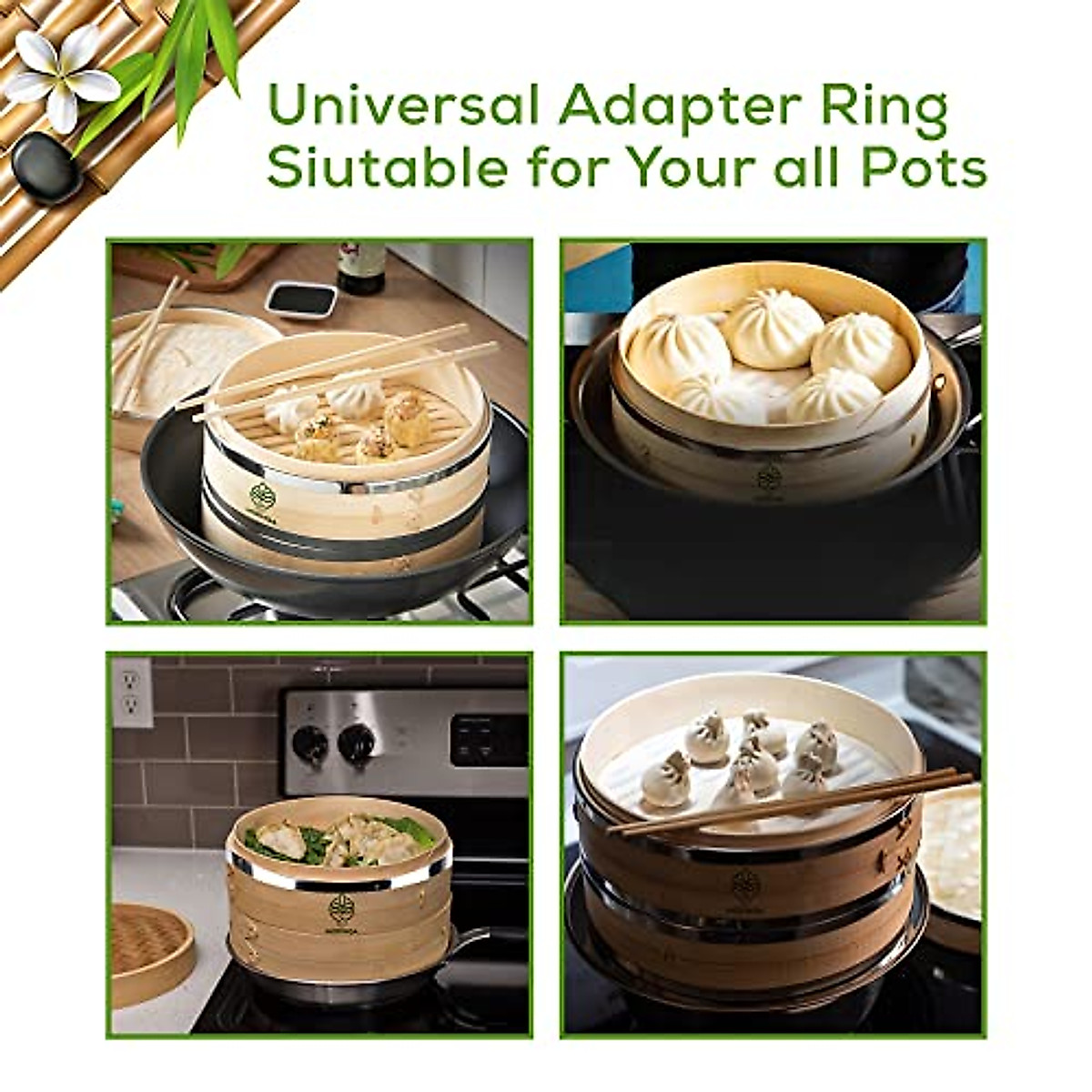 Bamboo Steamer Basket - 10 Inch 2 Tier Vegetable Steamer w/Stainless Steel Ring & 4 Silicone Liners, Dumpling Steamer for Steaming Food