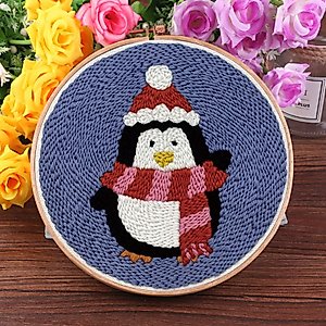 Easy Smaller Size DIY Craft Punch Needle Embroidery Kits Rug for Starter Kits with Stamped Color Pattern with Instruction,Yarn and Wood Needle Pen,15cm Hoop (Christmas Penguin),(Guyee0918Punch02)