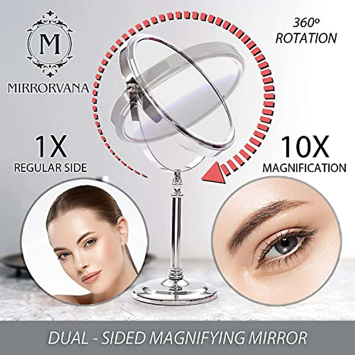 MIRRORVANA Large Double Sided 10X and 1X Magnifying Makeup Mirror with Stand in Gift Box, 15-Inch Height and 8-Inch Wide