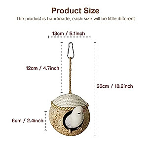 Bird House with Coconut Woven Straw, Natural Coconut Bird Cage with Woven Cover，Bird Nest for Parrot, Hamster, Squirrel, Rat, Lovebird, Finches