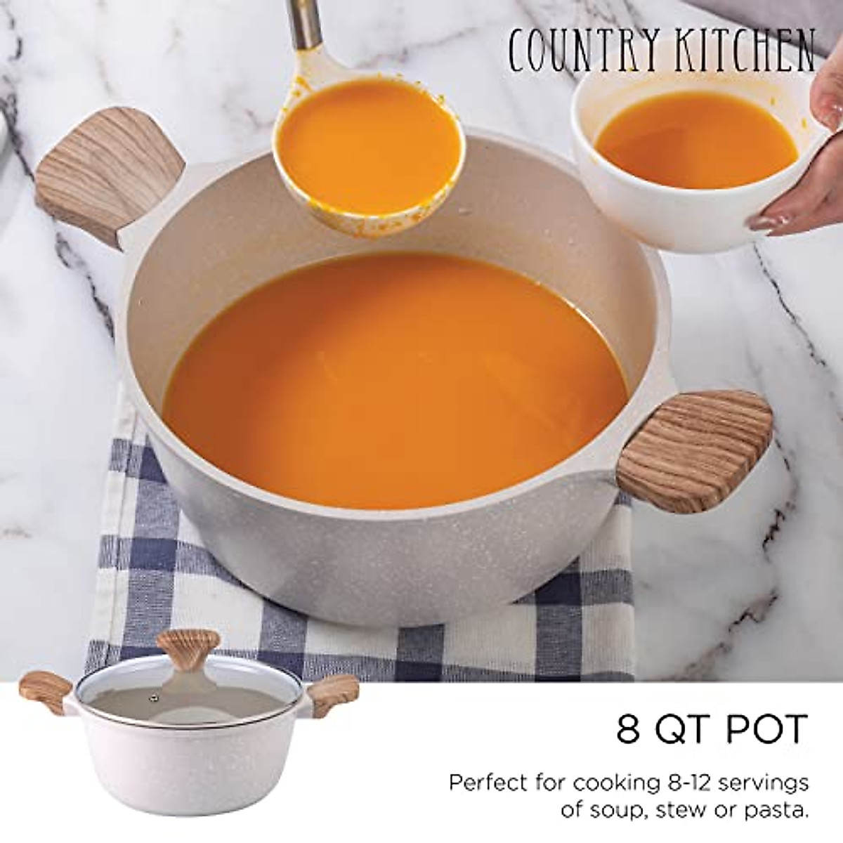 Country Kitchen Nonstick Cookware Sets - 6 Piece Nonstick Cast Aluminum Pots and Pans with BAKELITE Handles - Non-Toxic Pots with Glass Lids - Speckled Cream with Light Wood Handles