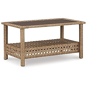 Signature Design by Ashley Braylee Outdoor 2 Piece Patio Driftwood Resin Wicker Cushioned Loveseat and Table, Rustic