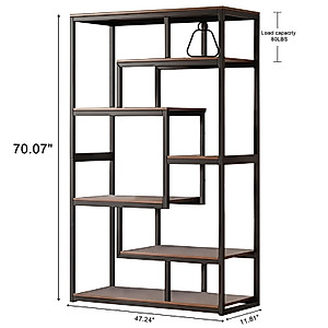 GEBAROW 7 Tier Bookshelf, Modern Bookshelf with Metal Frame, Industrial Bookshelf, Large Open Bookshelf for Bedroom, Living Room and Home Office Vintage Brown