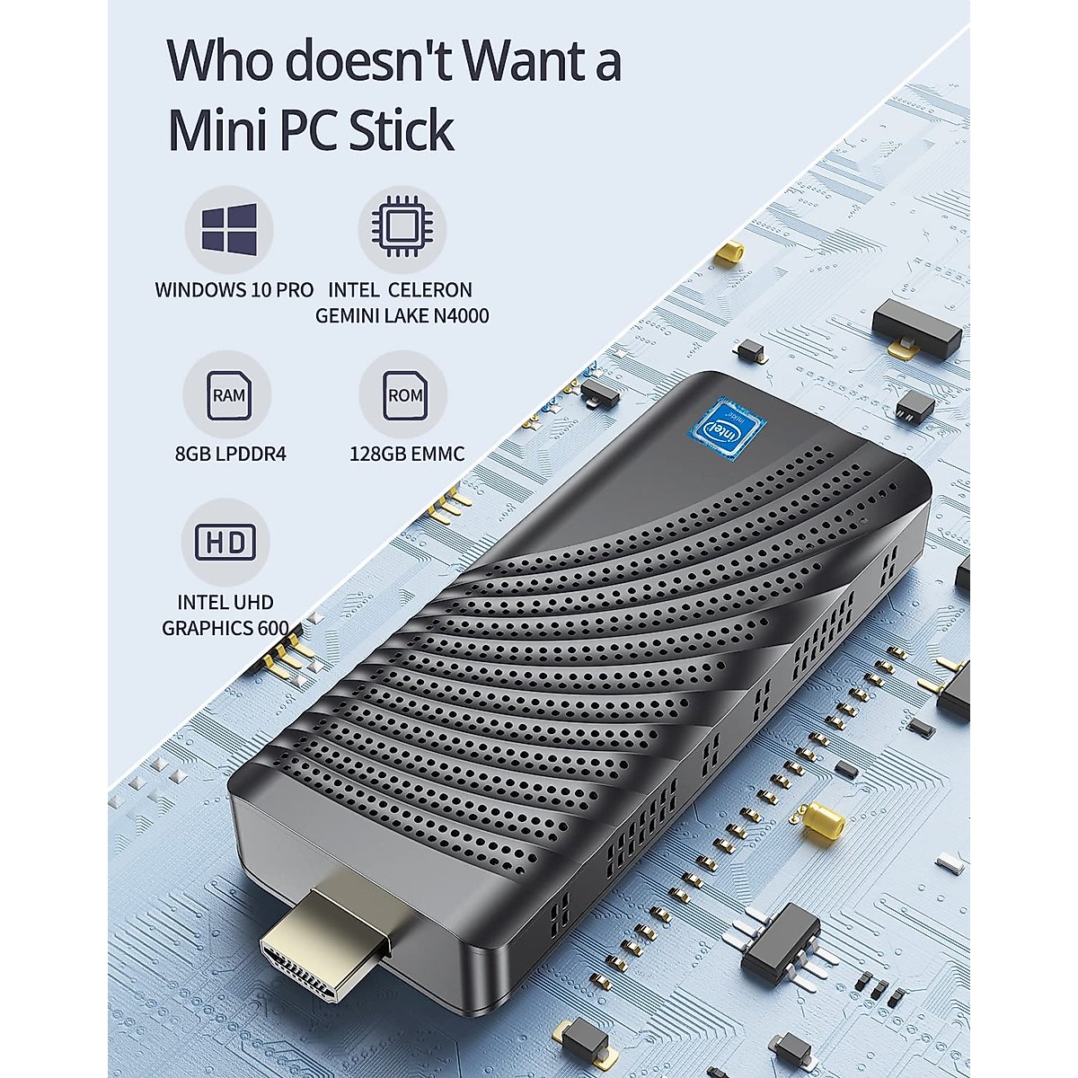 Mini PC Stick 8GB DDR4 128GB eMMC Intel Celeron N4000 (Up to 2.6GHz) Mini Computer Stick with Windows 10 Pro Supports 4K HDMI, 2.4G/5G WiFi, Bluetooth 4.2, Auto Power On, HTPC