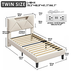 ANCTOR Twin Bed Frame with Storage Headboard and Charging Station, LED Lights Upholstered Platform Bed, Heavy Duty Steel Support Legs, Easy Assembly, Noise Free, Beige