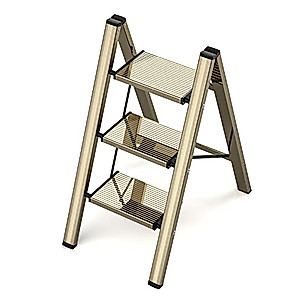 3 Step Ladder, Aluminum Folding Step Stool with Wide Anti-Slip Sturdy Pedal, Portable Lightweight Step Stool Multi-Use for Kitchen Household and Office, Gold, 330 LBS