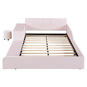 Brabrety Modern Upholstered Grounded Bed, Full Size Mother & Child Bed with Bedside Desk and Little Round Stool, Velvet Fabric, for Kids Teens Boys Girls Adults (Pink@011)
