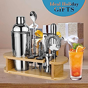 Cocktail Shaker Set with Bamboo Stand, 12-Piece Bartender Kit with Stainless Steel Bar Accessories, Gifts for Men Dad Cocktail Lovers, Home Essentials Bar Set Drink Mixer Set with Cocktail Recipes