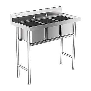 Bonnlo 3-Compartment 304 Stainless Steel Utility Sink Commercial Grade Laundry Tub Culinary Sink for Outdoor Indoor, Garage, Restaurant, Kitchen, Laundry/Utility Room - 39” W x 18” D x 40.2” H