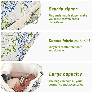 URSKYTOUS 2Pcs Cotton Quilted Makeup Bag for Women Floral Extra Large Small Travel Cosmetic Bag Set Big Cute Blue Makeup Pouch Portable Toiletry Bag Organizer Coquette Vintage Puffy Travel Essential