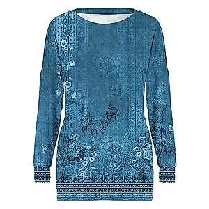 WPNMASNP Womens Fall Floral Tops 2023 Crewneck Casual Dressy T-Shirts Floral Trendy Blouses Plus Size Flowy Elegant Pullovers Blue