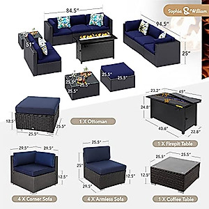Sophia & William 12 PCS Patio Furniture Set with 45-Inch Fire Pit Table Clearance Rattan Patio Conversation Set Outdoor Sectional Sofa w/Coffee Table, CSA Approved Propane Fire Pit(Navy Blue)
