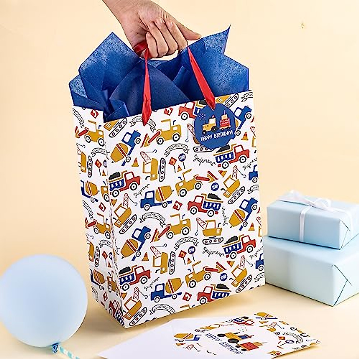 WRAPAHOLIC 13" Large Birthday Gift Bags with Card and Tissue Paper - Car Design for Kids Birthday, Gift Wrap