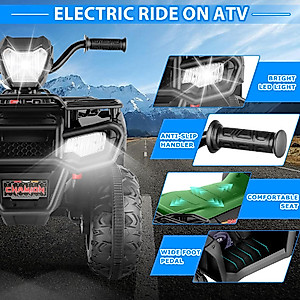 Hikole 12V Kids Ride On Electric ATV, 4 Wheeler Quad Car for Girls Boys w/LED Lights, Music, High/Low Speed,Treaded Tires, 4 Wheeler for Kids(Black)