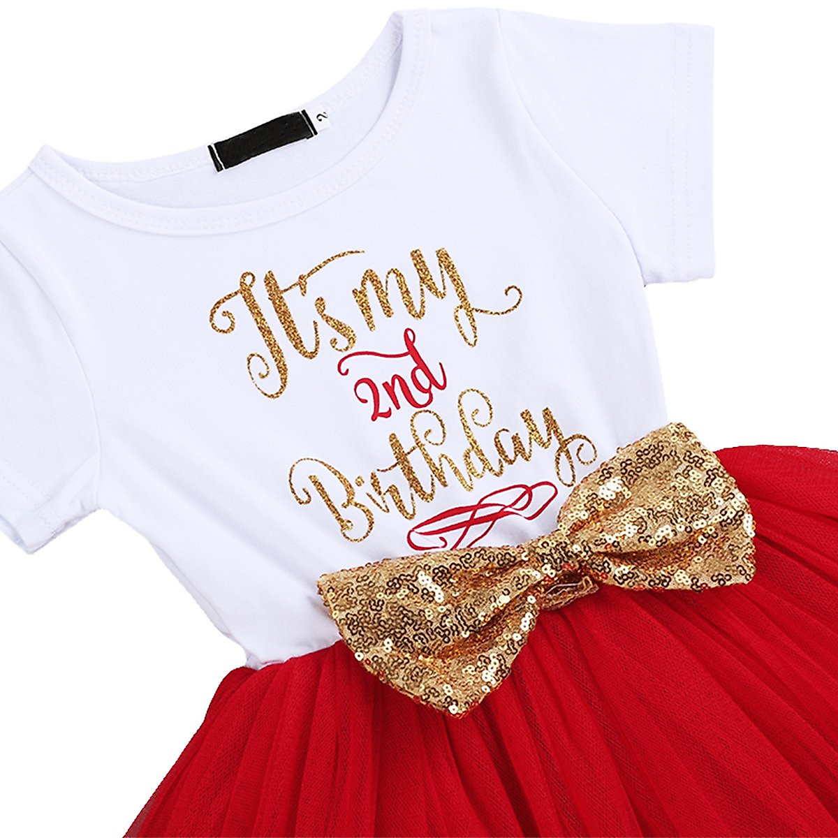 Kids Girl Princess It's My 1st/2nd Birthday Party Cake Smash Boutique Outfit Sequin Bow Tie Tulle Tutu Dress Clothes Gold Headband+Red(2 Years)