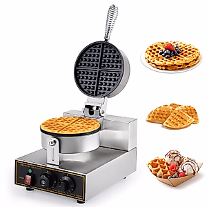 Dyna-Living Waffle Maker Commercial Waffle Maker Machine 110V 1200W Non-stick Waffle Iron Maker Stainless Steel Round Commercial Waffle Maker for Restaurant
