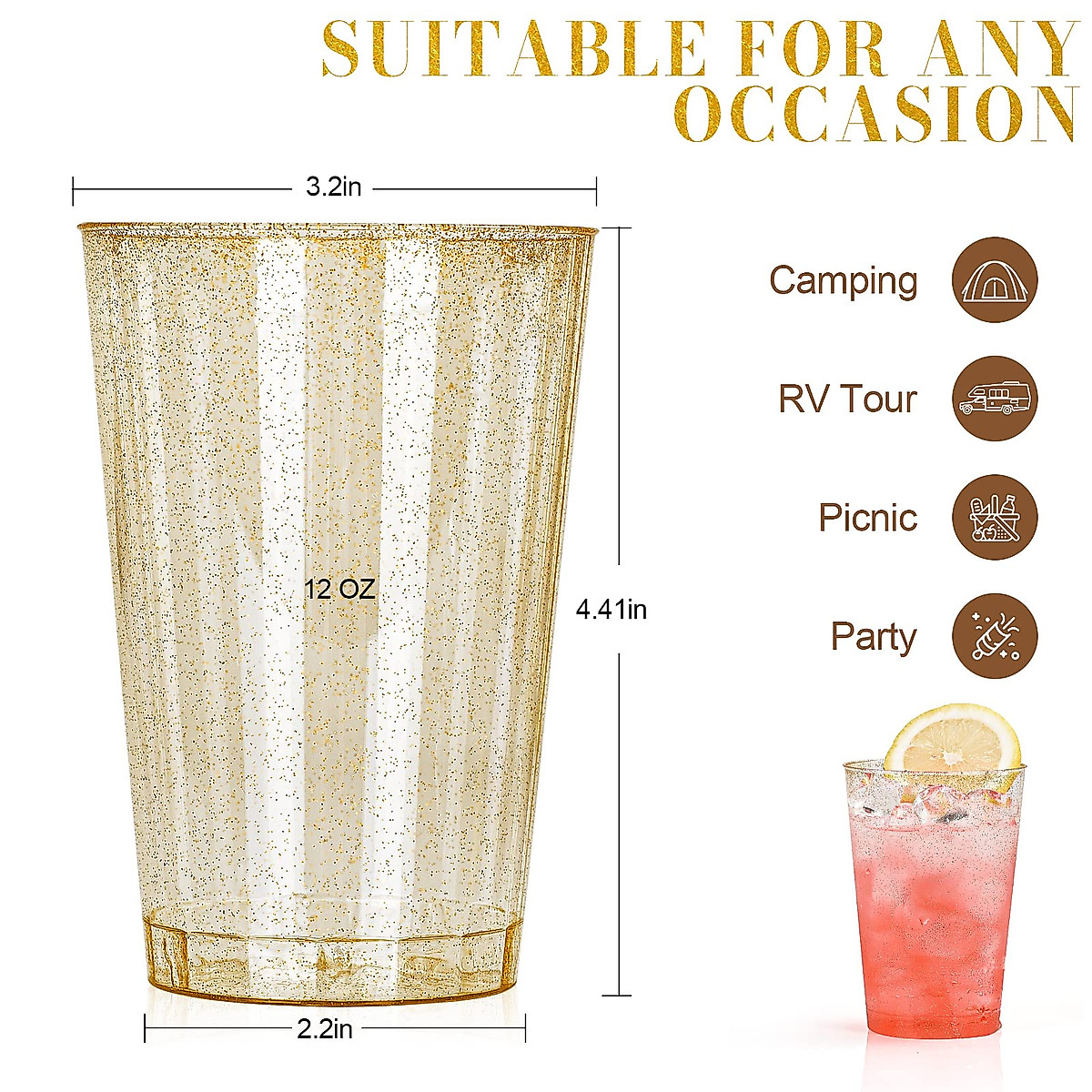 Glitter Plastic Cups Gold Glitter Disposable Cups 12 oz 100 Pack Clear Plastic Cups Recyclable Wine Glasses for Parties Elegant Plastic Party Cups Wedding Decorations