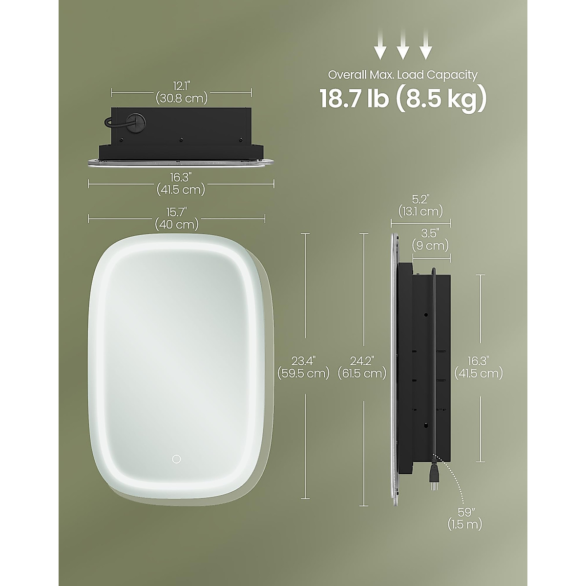 VASAGLE Medicine Cabinet with Mirror and Lights, Wall-Mounted Bathroom Wall Cabinet with Charging Station, 2 AC Outlets, 2 USB-A Ports, Rounded Rectangle, Adjustable Shelf, Black UBBK127B02